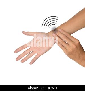 Self-examination of pulsation. Counting pulse rate in home Stock Photo ...