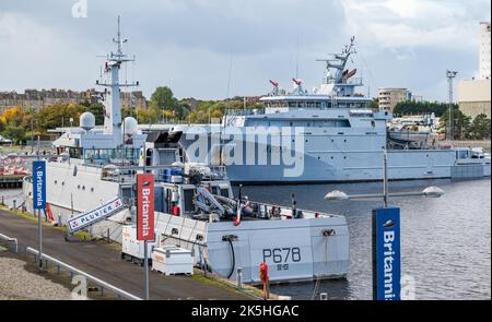 French navy warship Rhone and patrol ship Pluvier moored in Leith ...