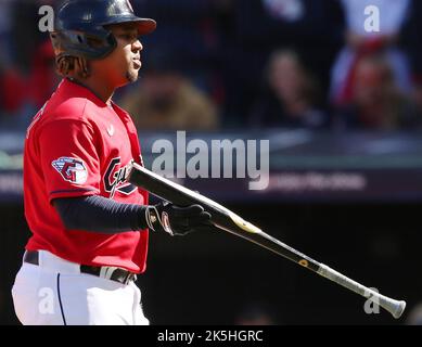 Cleveland Guardians' José Ramírez reacts after he is caught stealing ...