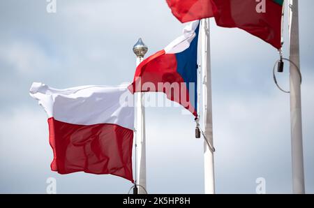 European flags are hoisted on masts and fluttering in the wind ...