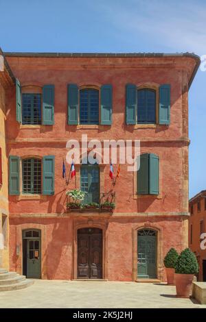 Town hall painted with ochre paint, Roussillon, Provence, Department ...