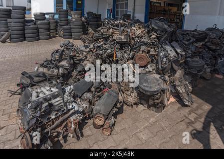 Engines in a scrap yard, collected for export to Africa, Bavaria ...
