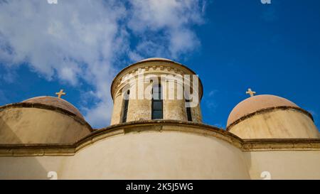 Tower with cross, round tower, ochre building, wide angle, blue sky ...