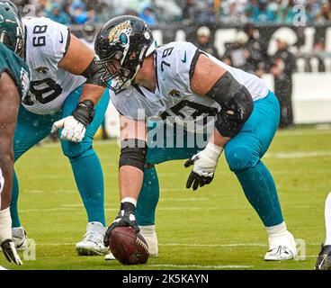 Jacksonville Jaguars center Luke Fortner (79) runs onto the field for ...
