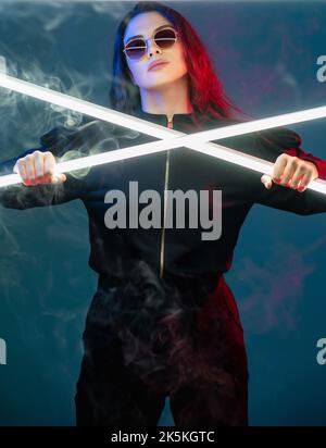 Cyberpunk fighter. Futuristic portrait. Galaxy war. Red neon light ...