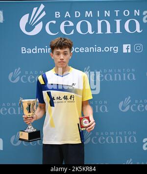 Lin Chun Yi of Chinese Taipei celebrates after a win over Shi Yu Qi of ...
