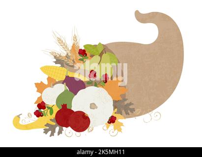 brown cornucopia with autumn leaves on white background vector ...