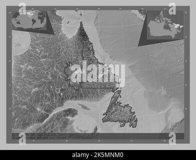 Newfoundland and Labrador, province of Canada. Grayscale elevation map with lakes and rivers ...