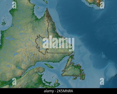 Newfoundland and Labrador, province of Canada. Elevation map colored in ...
