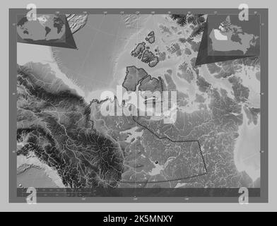 Northwest Territories, territory of Canada. Grayscale elevation map with lakes and rivers Stock ...