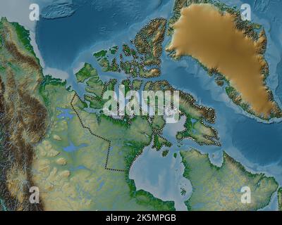 Nunavut, territory of Canada. Colored elevation map with lakes and ...