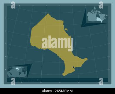 Ontario, province of Canada. Solid color shape. Locations and names of ...