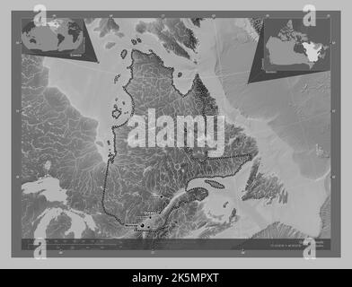Quebec, province of Canada. Grayscale elevation map with lakes and ...