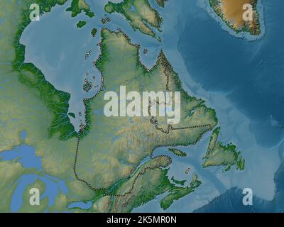 Quebec, province of Canada. Colored elevation map with lakes and rivers ...