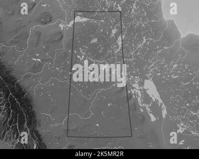 Saskatchewan, province of Canada. Grayscale elevation map with lakes ...