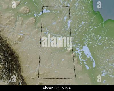 Saskatchewan, province of Canada. Colored elevation map with lakes and ...
