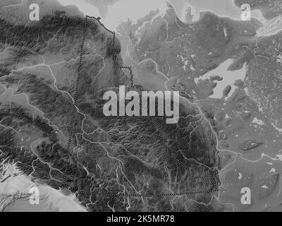 Yukon, territory of Canada. Grayscale elevation map with lakes and rivers. Locations and names ...