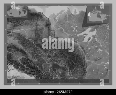 Yukon, territory of Canada. Grayscale elevation map with lakes and ...
