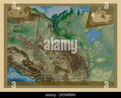 Yukon, territory of Canada. Colored elevation map with lakes and rivers ...