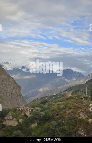 scenic view of a village in lahaul valley near udaipur on the bank of ...