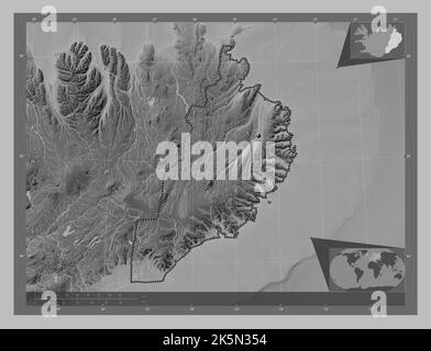Austurland, region of Iceland. Grayscale elevation map with lakes and rivers Stock Photo - Alamy