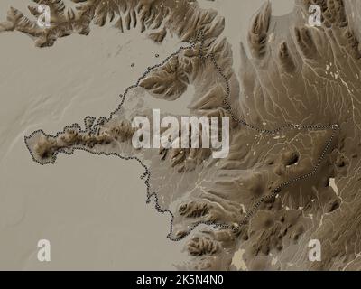 Vesturland, region of Iceland. Colored elevation map with lakes and ...