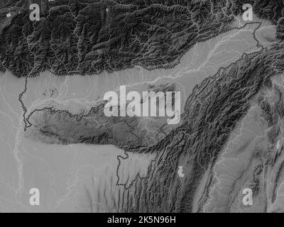 Assam, state of India. Grayscale elevation map with lakes and rivers ...