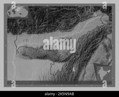 Assam, state of India. Grayscale elevation map with lakes and rivers ...