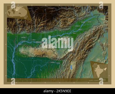 Assam, state of India. Colored elevation map with lakes and rivers ...