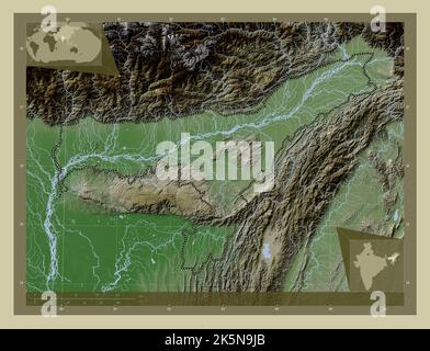 Assam, state of India. Colored elevation map with lakes and rivers ...