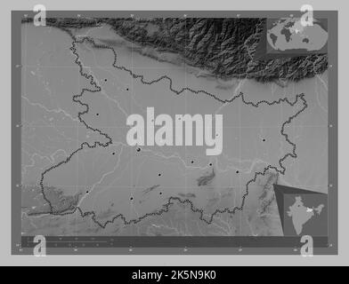 Bihar, state of India. Grayscale elevation map with lakes and rivers ...