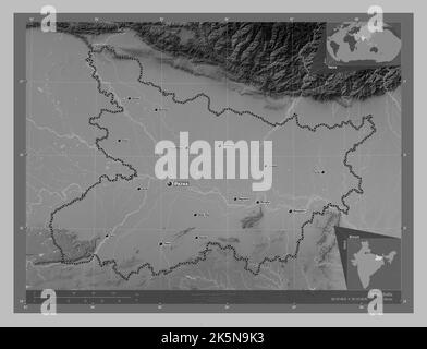 Bihar, state of India. Grayscale elevation map with lakes and rivers ...