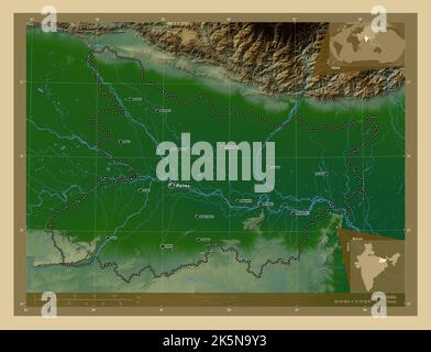 Bihar, state of India. Colored elevation map with lakes and rivers ...