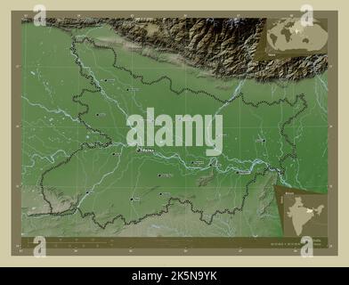 Bihar, state of India. Colored elevation map with lakes and rivers ...