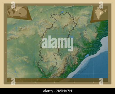 Chhattisgarh, state of India. Colored elevation map with lakes and ...