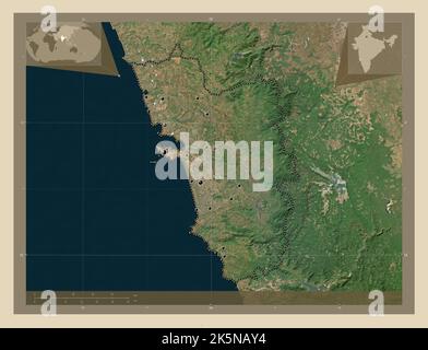 Goa, state of India. High resolution satellite map. Locations and names ...