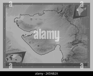 Gujarat, state of India. Grayscale elevation map with lakes and rivers ...