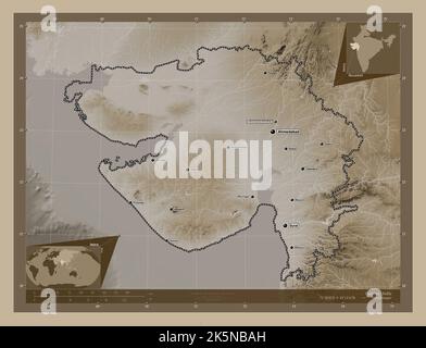 Gujarat, state of India. Colored elevation map with lakes and rivers ...