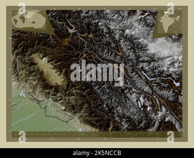 Jammu and Kashmir, state of India. Colored elevation map with lakes and ...