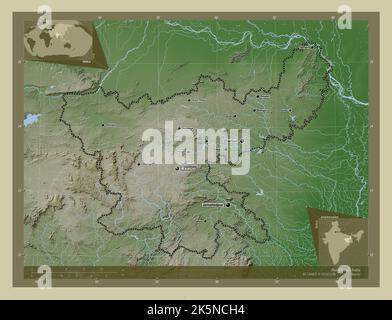 Jharkhand, state of India. Colored elevation map with lakes and rivers ...
