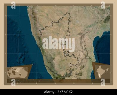 Karnataka, state of India. Low resolution satellite map. Locations and ...