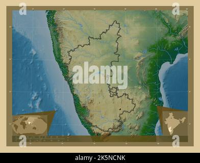 Karnataka, state of India. Colored elevation map with lakes and rivers ...
