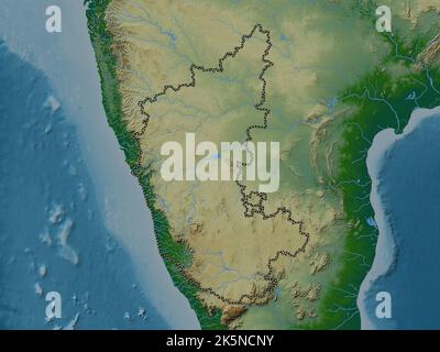 Karnataka, state of India. Colored elevation map with lakes and rivers ...