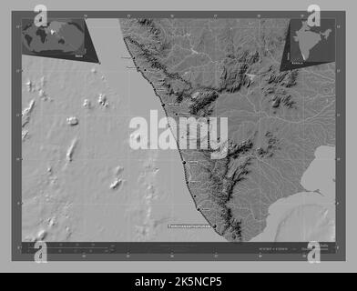 Kerala, state of India. Bilevel elevation map with lakes and rivers ...