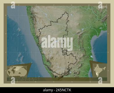 Karnataka, state of India. Colored elevation map with lakes and rivers ...