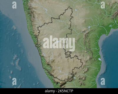 Karnataka, state of India. Colored elevation map with lakes and rivers ...