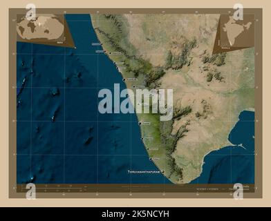 Kerala, state of India. Low resolution satellite map. Locations of ...