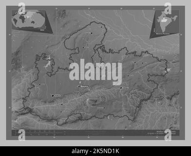 Madhya Pradesh, state of India. Grayscale elevation map with lakes and ...