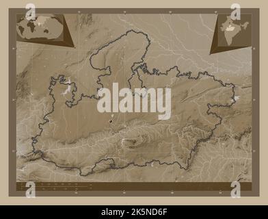 Madhya Pradesh, state of India. Colored elevation map with lakes and ...
