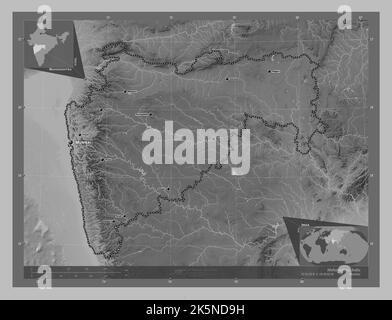 Maharashtra, state of India. Grayscale elevation map with lakes and ...